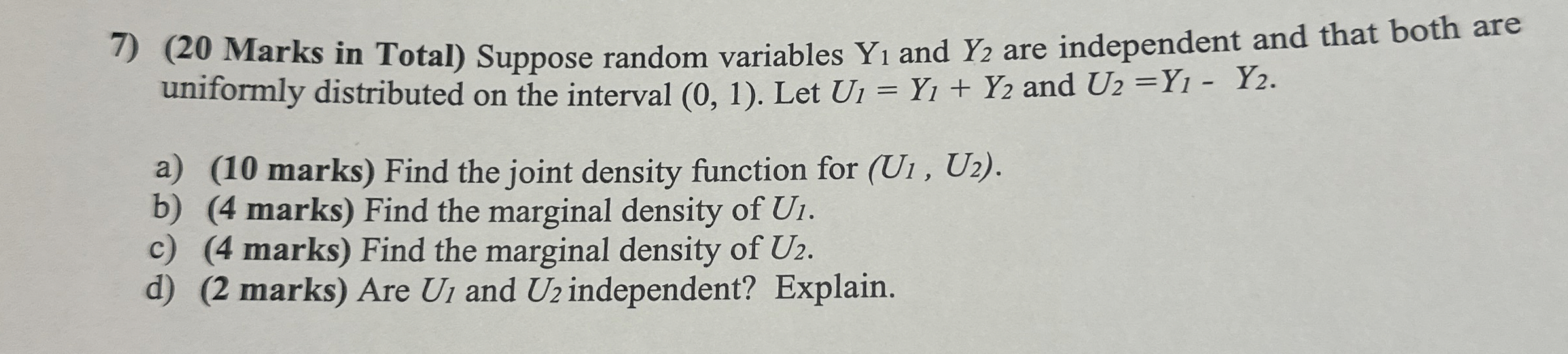 Solved (20 ﻿Marks in Total) ﻿Suppose random variables Y1 | Chegg.com