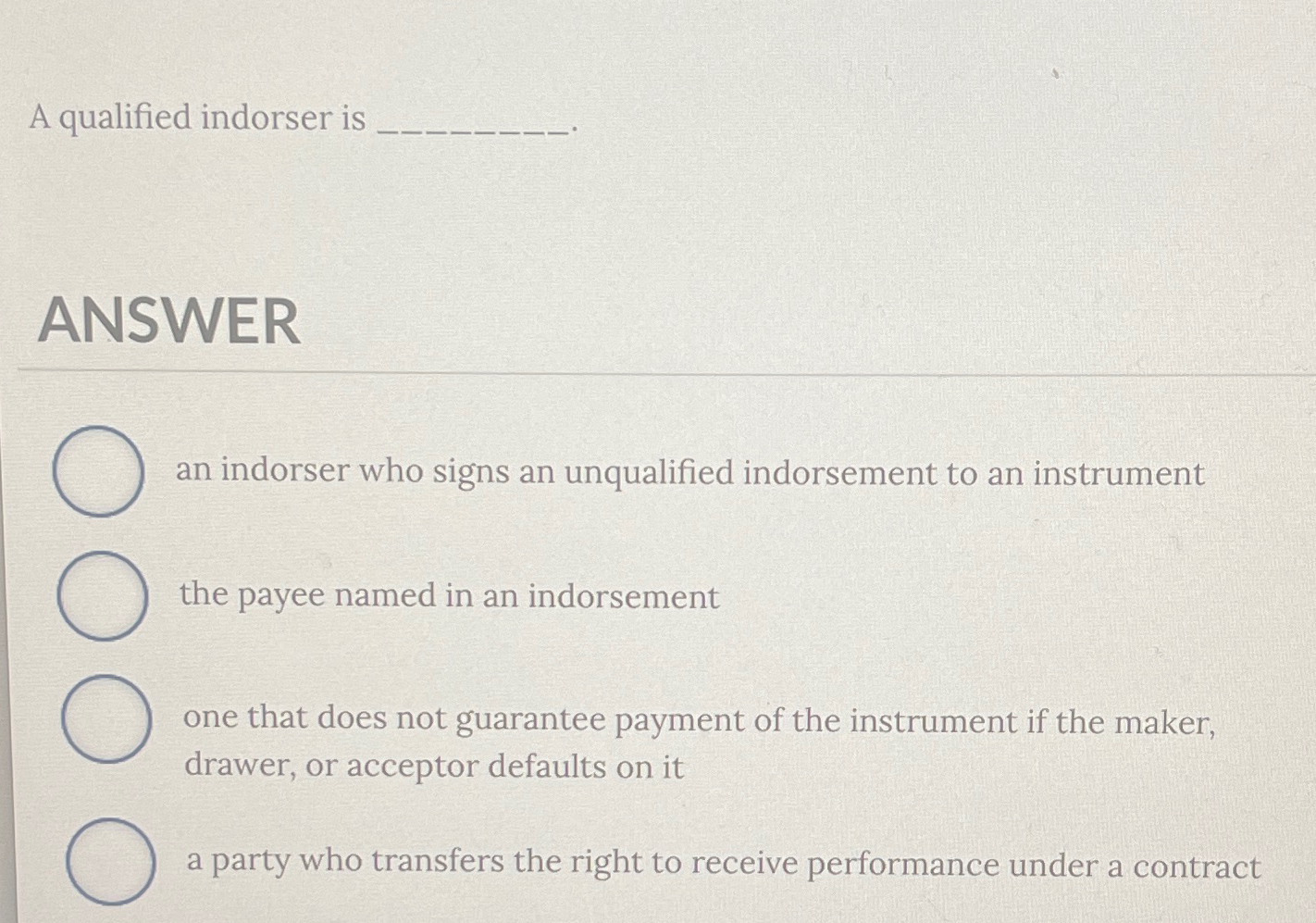 Solved A qualified indorser isANSWERan indorser who signs an | Chegg.com