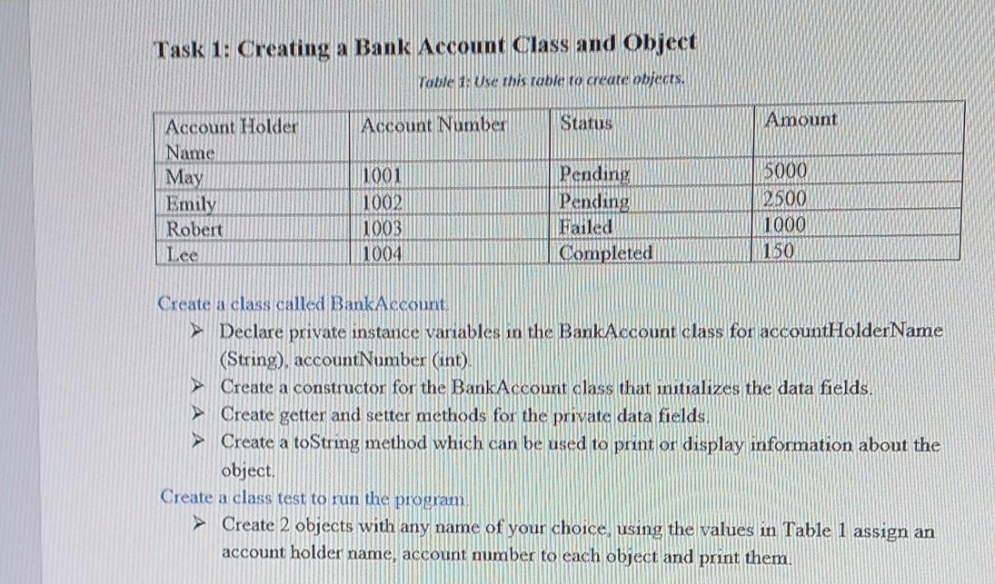 Solved Task 1: Creating a Bank Account Class and Object | Chegg.com