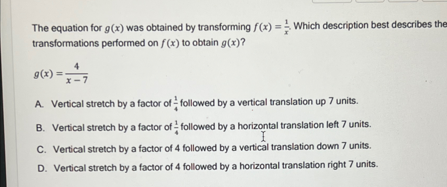 Solved The equation for g(x) ﻿was obtained by transforming | Chegg.com