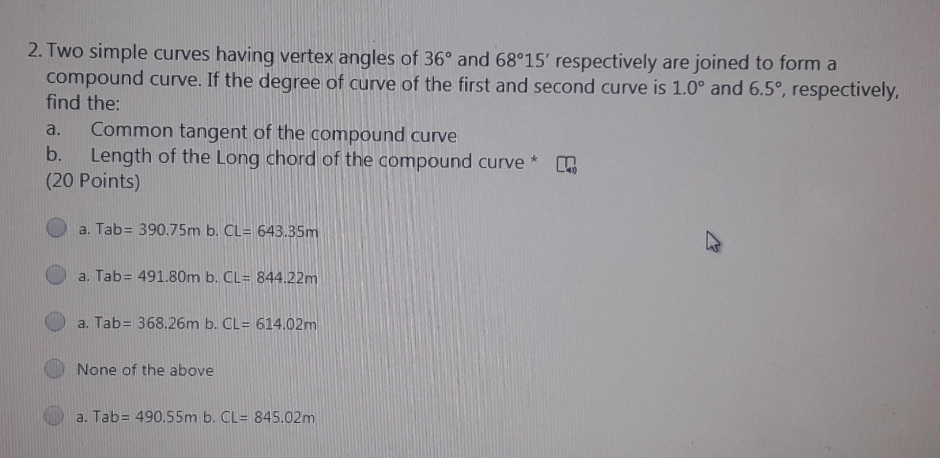Solved 2. Two simple curves having vertex angles of 36° and | Chegg.com