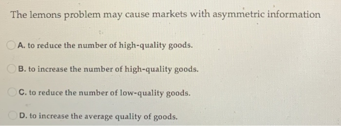Solved The Lemons Problem May Cause Markets With Asymmetric