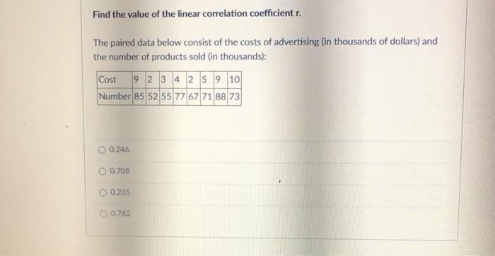 Solved Find the value of the linear correlation coefficient | Chegg.com