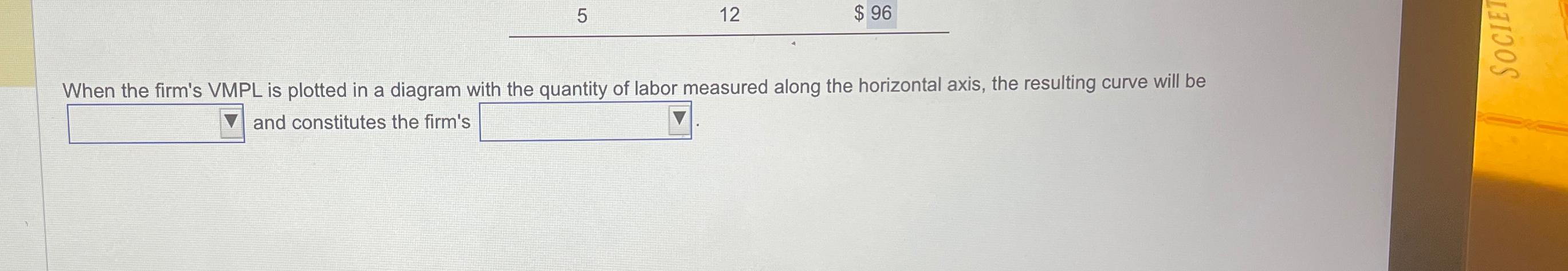 Solved 5,12,$96When the firm's VMPL is plotted in a diagram | Chegg.com