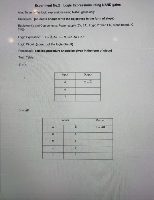 Experiment No.2 Logic Expressions using NAND gates | Chegg.com