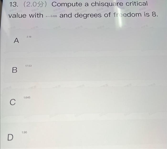 Solved 13. (2.0分) Compute a chisquare critical value with | Chegg.com