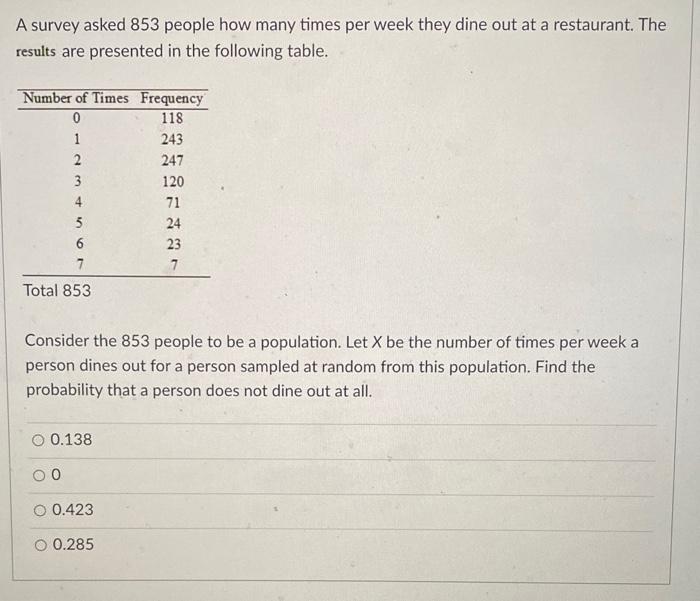 Solved A survey asked 853 people how many times per week | Chegg.com