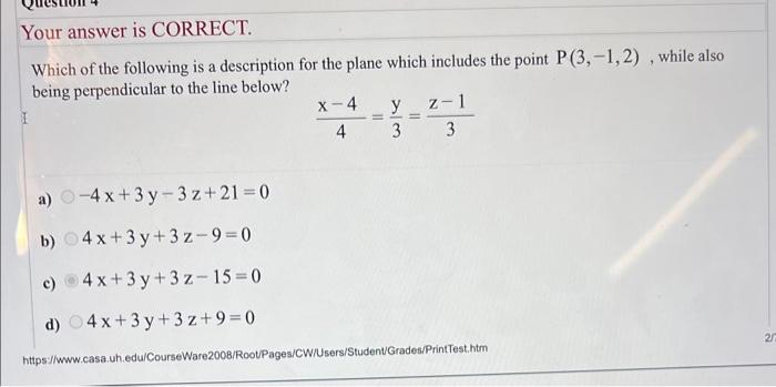 Solved Which of the following is a description for the plane | Chegg.com