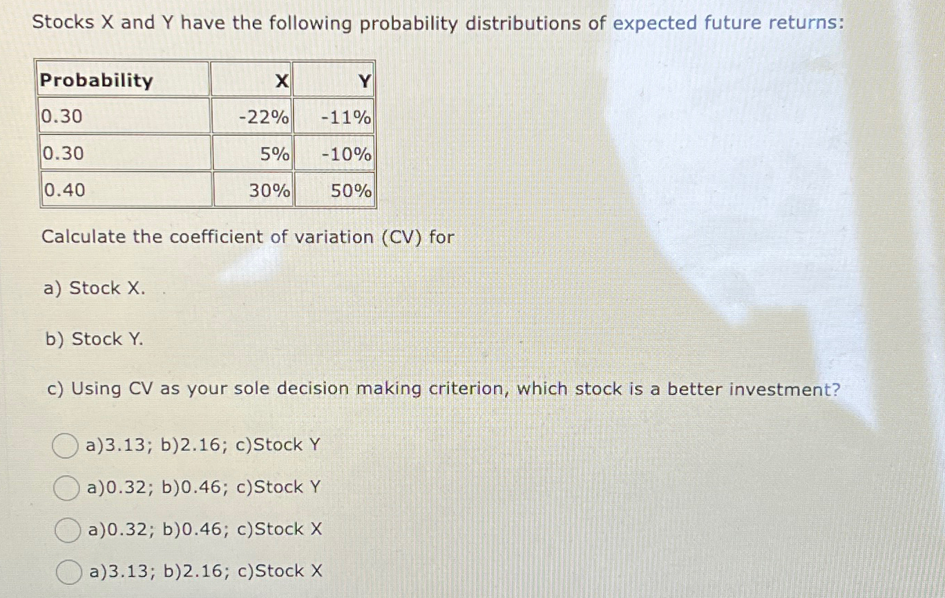 Solved Stocks x ﻿and Y ﻿have the following probability | Chegg.com