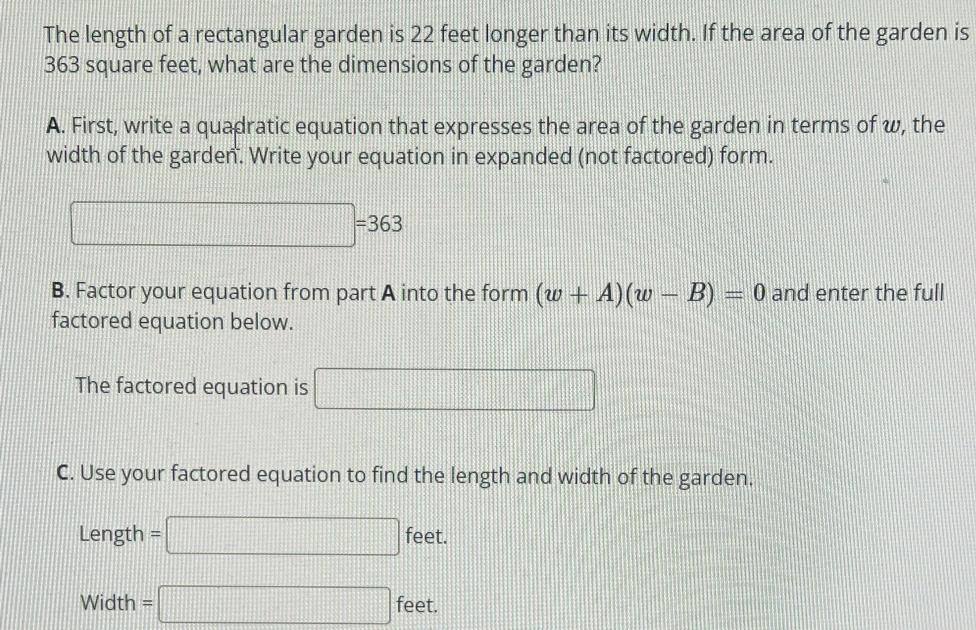 Solved The length of a rectangular garden is 22 ﻿feet longer | Chegg.com