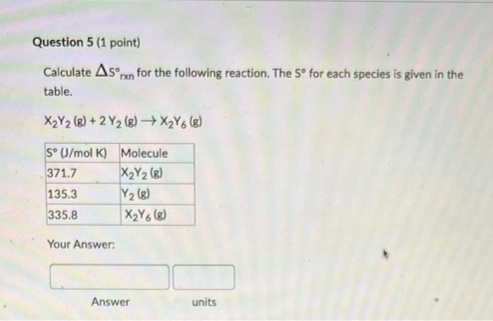 Solved Question 5 (1 point) Calculate ΔS∘ rxn for the | Chegg.com