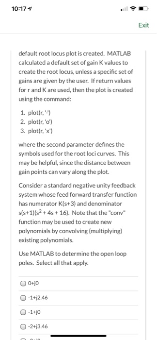 Solved 10:17 7 Exit Question 1 10 pts The MATLAB command; | Chegg.com