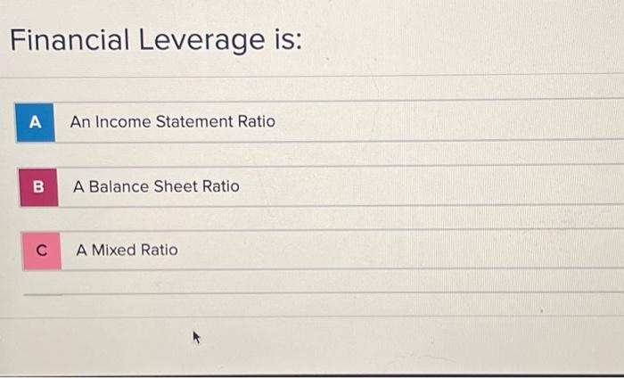 Solved Financial Leverage is: A An Income Statement Ratio B | Chegg.com