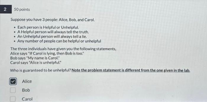 Solved 50 points Suppose you have 3 people: Alice, Bob, and | Chegg.com
