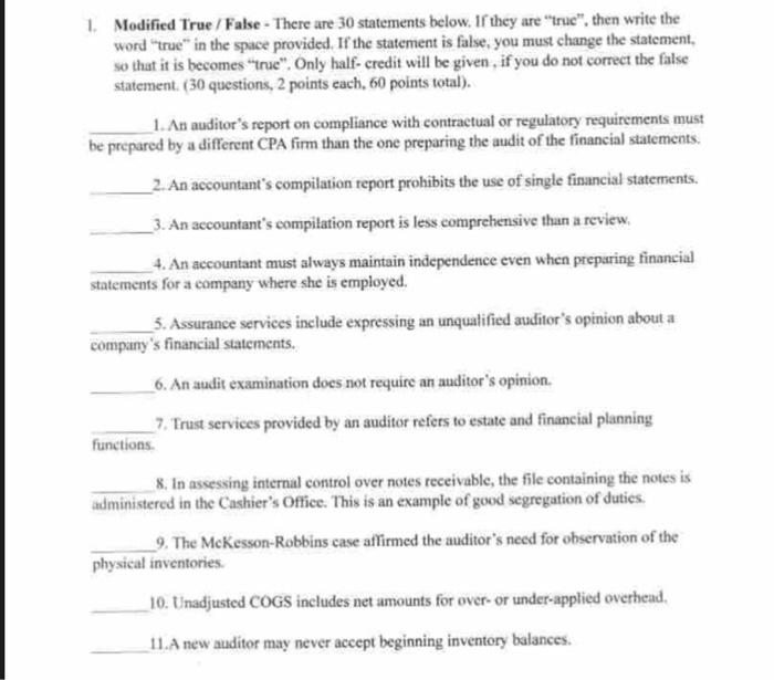 Solved 1. Modified True / False - There are 30 statements | Chegg.com