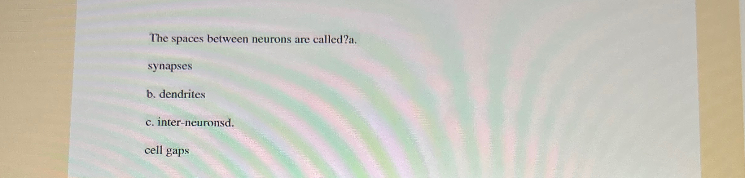 Solved The spaces between neurons are called?a. ﻿Synapsesb. | Chegg.com