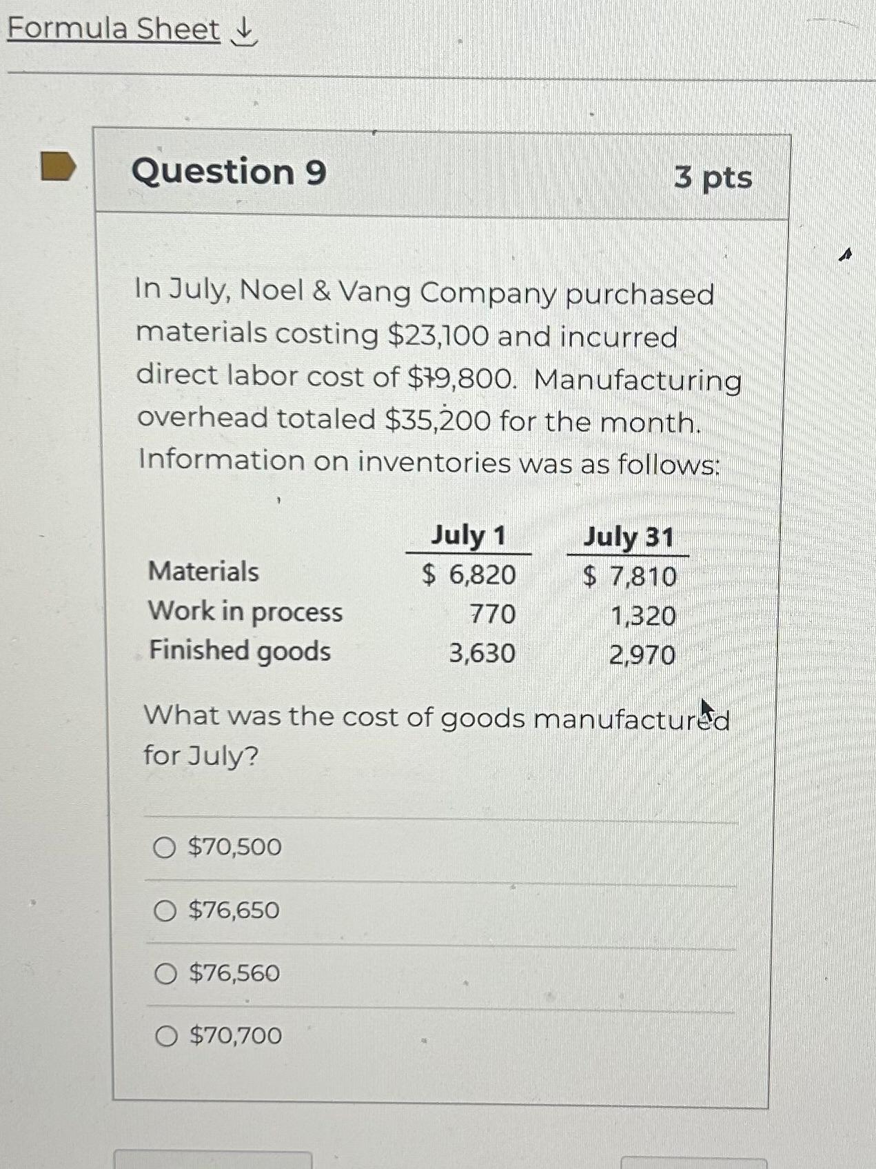 Solved Formula Sheet darr\\nQuestion 9\\n3 pts\\nIn July, | Chegg.com