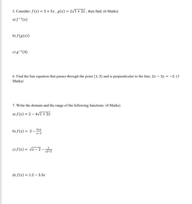 Solved 5. Consider: f(x)=3+5x,g(x)=21+2x, then find: (6 | Chegg.com