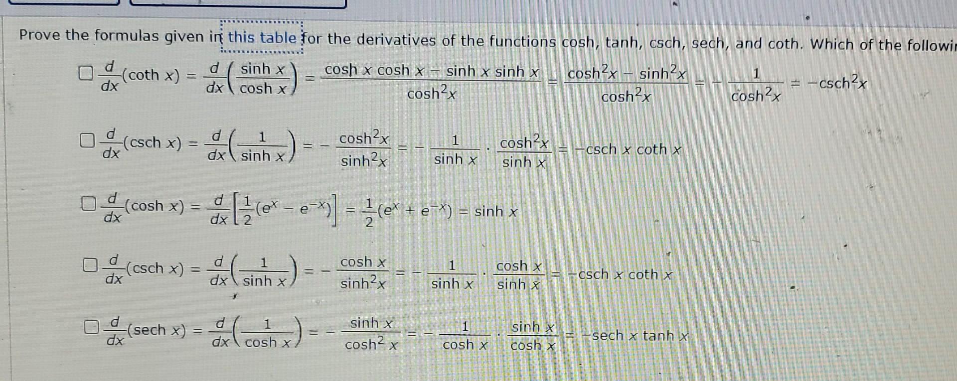 Solved Derivatives of Hyperbolic Functions | Chegg.com
