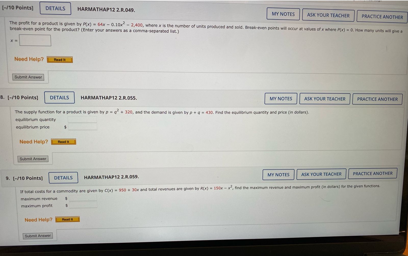 Solved [-/10 ﻿Points]HARMATHAP12 2.R.049.break-even point | Chegg.com