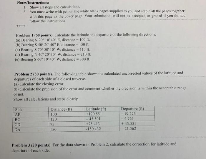 Notes/Instructions: 1. Show all steps and | Chegg.com