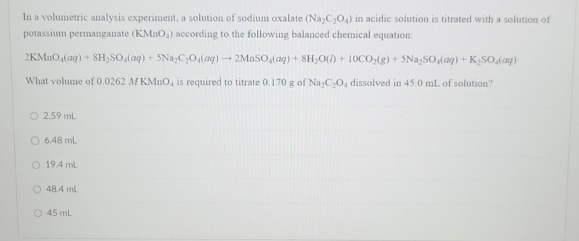 Solved In a volumetric analysis experiment, a solution of | Chegg.com