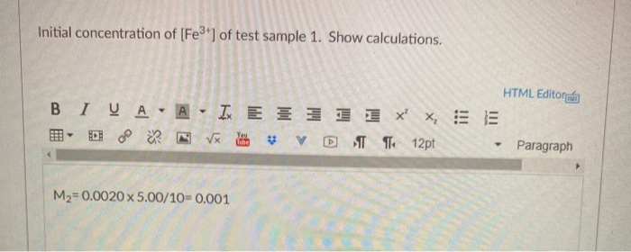 Solved Initial concentration of [Fe3+) of test sample 1. | Chegg.com