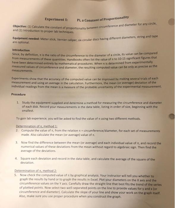 Pi, a Constant of Proportionality Experiment 1: | Chegg.com