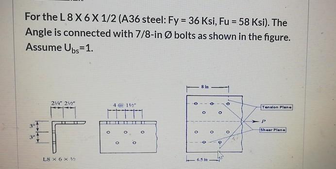 Solved For the L8X6X 1/2 (A36 steel: Fy = 36 Ksi, Fu = 58 | Chegg.com