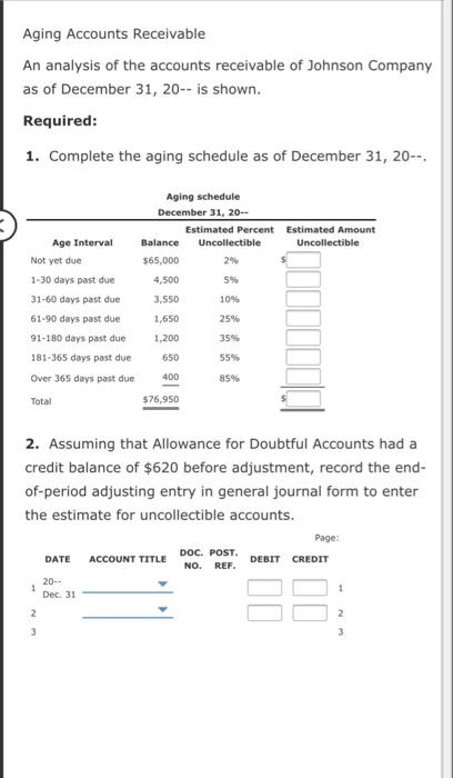 Solved Aging Accounts Receivable An analysis of the accounts | Chegg.com