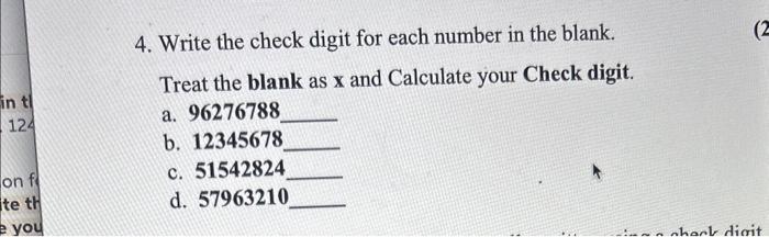 Solved 4. Write the check digit for each number in the | Chegg.com