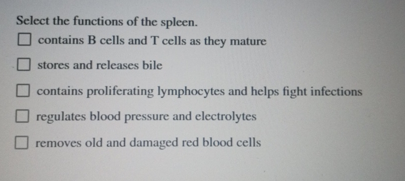 Solved Select the functions of the spleen.contains B ﻿cells | Chegg.com
