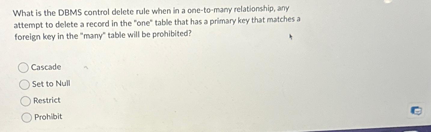 Solved What is the DBMS control delete rule when in a | Chegg.com