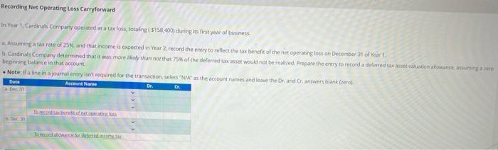 Recording Net Operating Loss Carryforward In Year 1, | Chegg.com