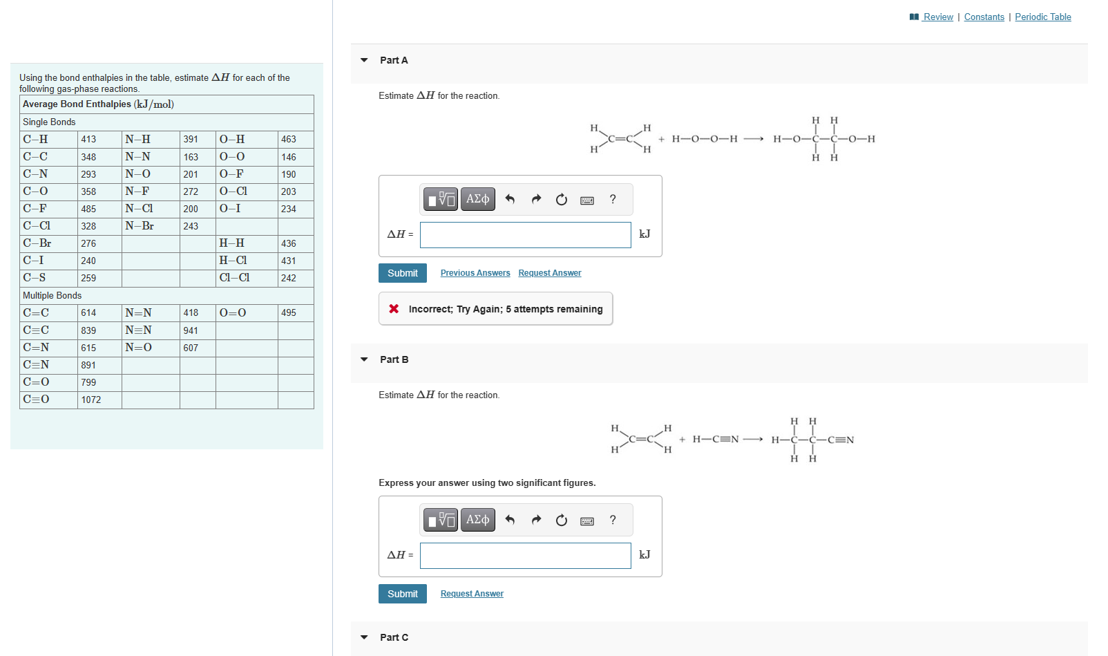 Solved Part AUsing the bond enthalpies in the table, | Chegg.com