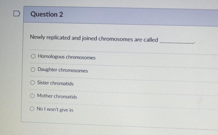 Solved Question 2 Newly replicated and joined chromosomes | Chegg.com