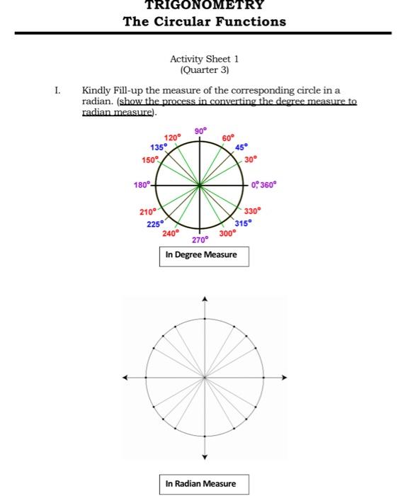 Solved TRIGONOMETRY The Circular Functions I. Activity Sheet | Chegg.com