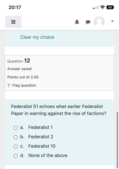 Federalist 51 echoes what earlier Federalist Paper in | Chegg.com