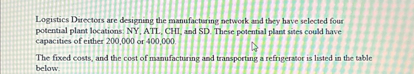 Solved Logistics Directors are designing the manufacturing | Chegg.com