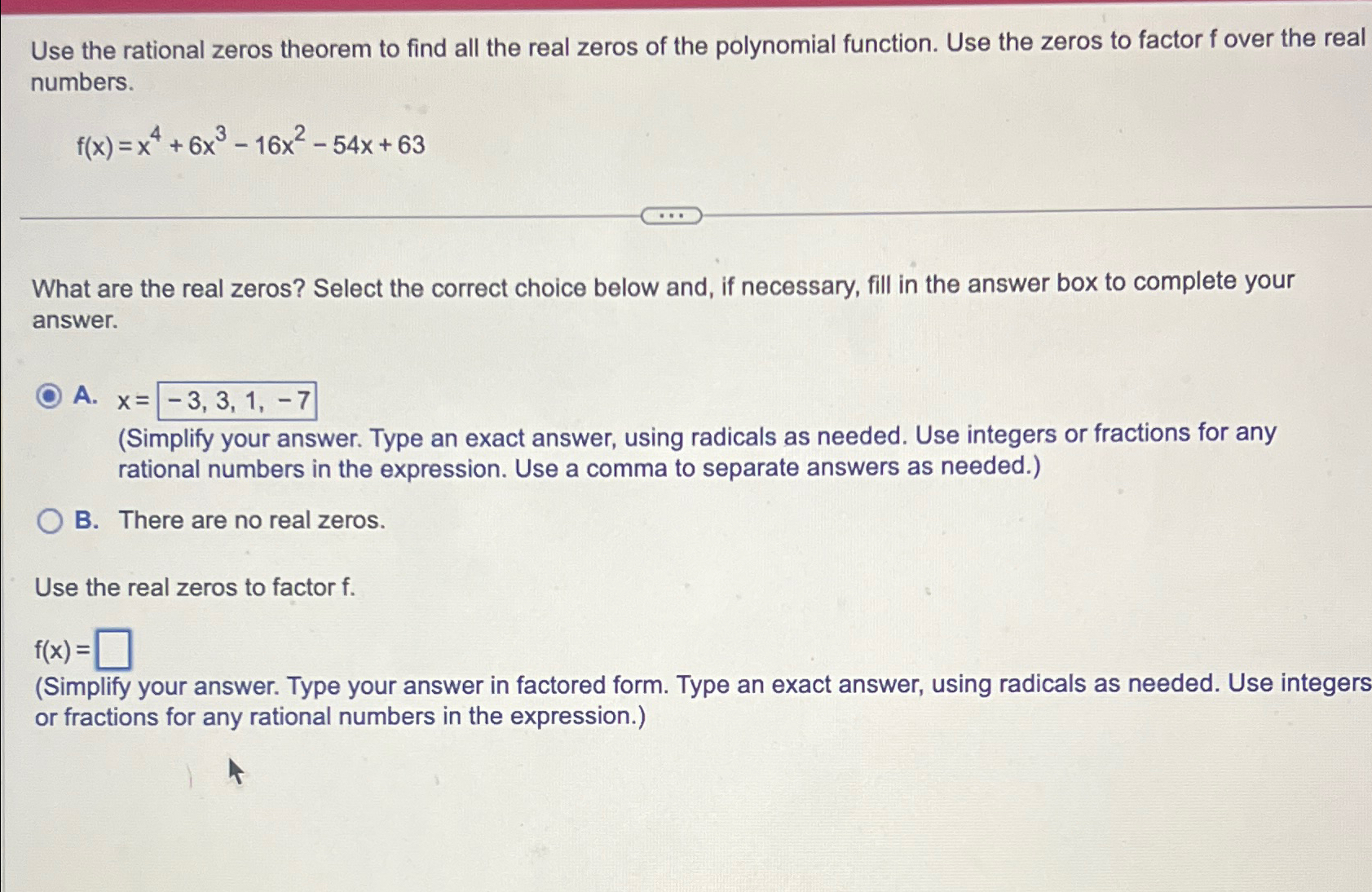 Use the rational zeros theorem to find all the real | Chegg.com