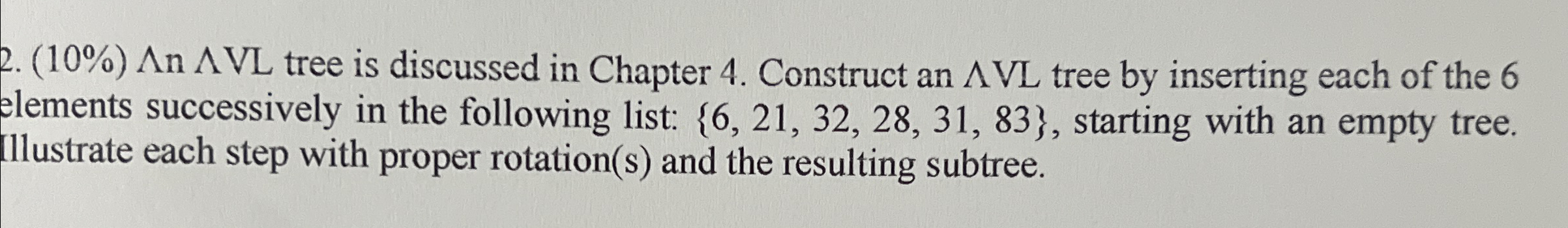 Solved (10%)??nΛVL ﻿tree is discussed in Chapter 4. | Chegg.com