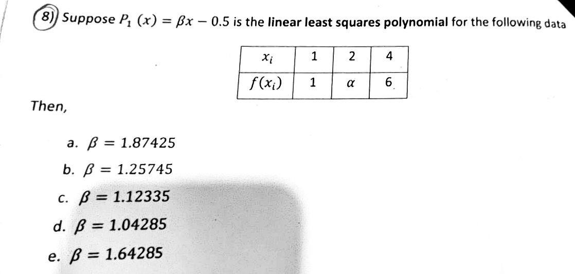 Solved 8) Suppose P1(x)=βx−0.5 is the linear least squares | Chegg.com