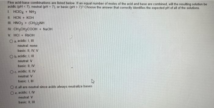 Solved Five acid-base combinations are listed below. if an | Chegg.com