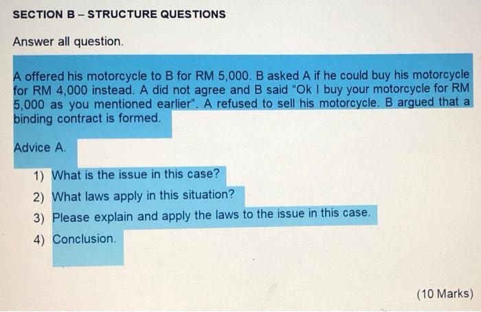 Solved A offered his motorcycle to B for RM 5,000. B asked A | Chegg.com