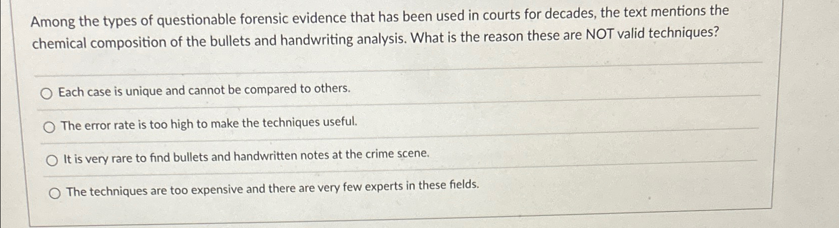 Solved Among the types of questionable forensic evidence | Chegg.com