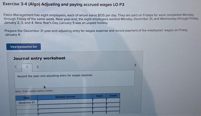 Solved Exercise 3-4 (Algo) Adjusting and paying accrued | Chegg.com