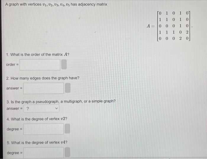 Solved A graph with vertices v1,v2,v3,v4,v5 has adjacency | Chegg.com