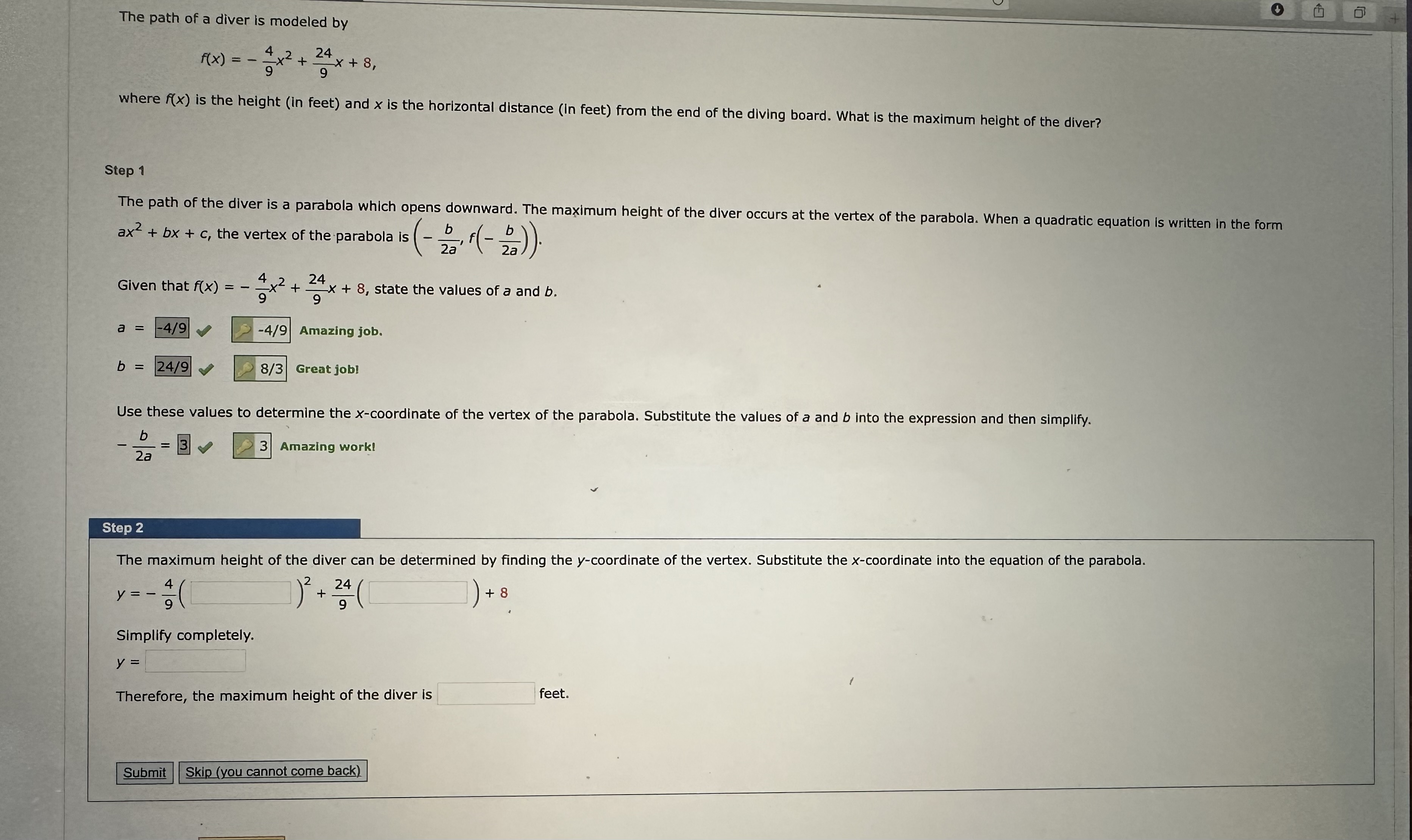 Solved The path of a diver is modeled | Chegg.com
