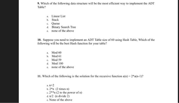 Solved 9. Which of the following data structure will be the | Chegg.com