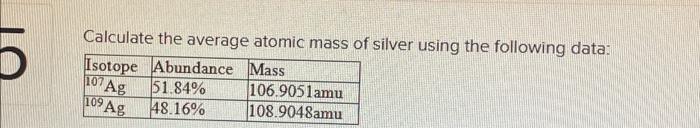 Solved Calculate the average atomic mass of silver using the | Chegg.com